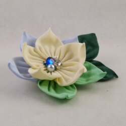 Yellow and Blue Primrose Brooch , Tsumami Kanzashi